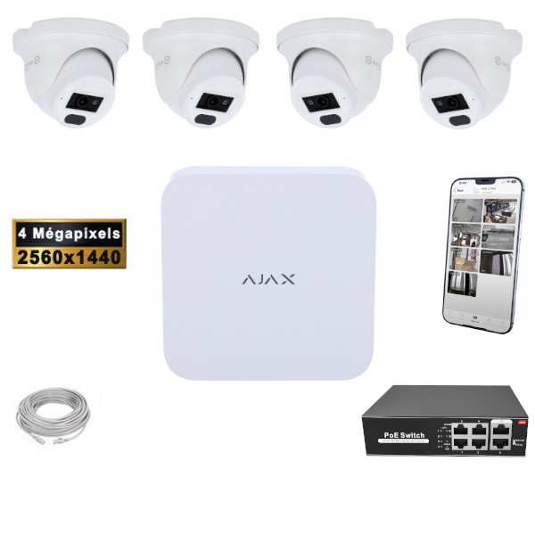 Kit Vidéo Surveillance PRO IP AJAX / SAFIRE : 4x Caméras POE Dômes IR 20M 4 MP + Enregistreur ...